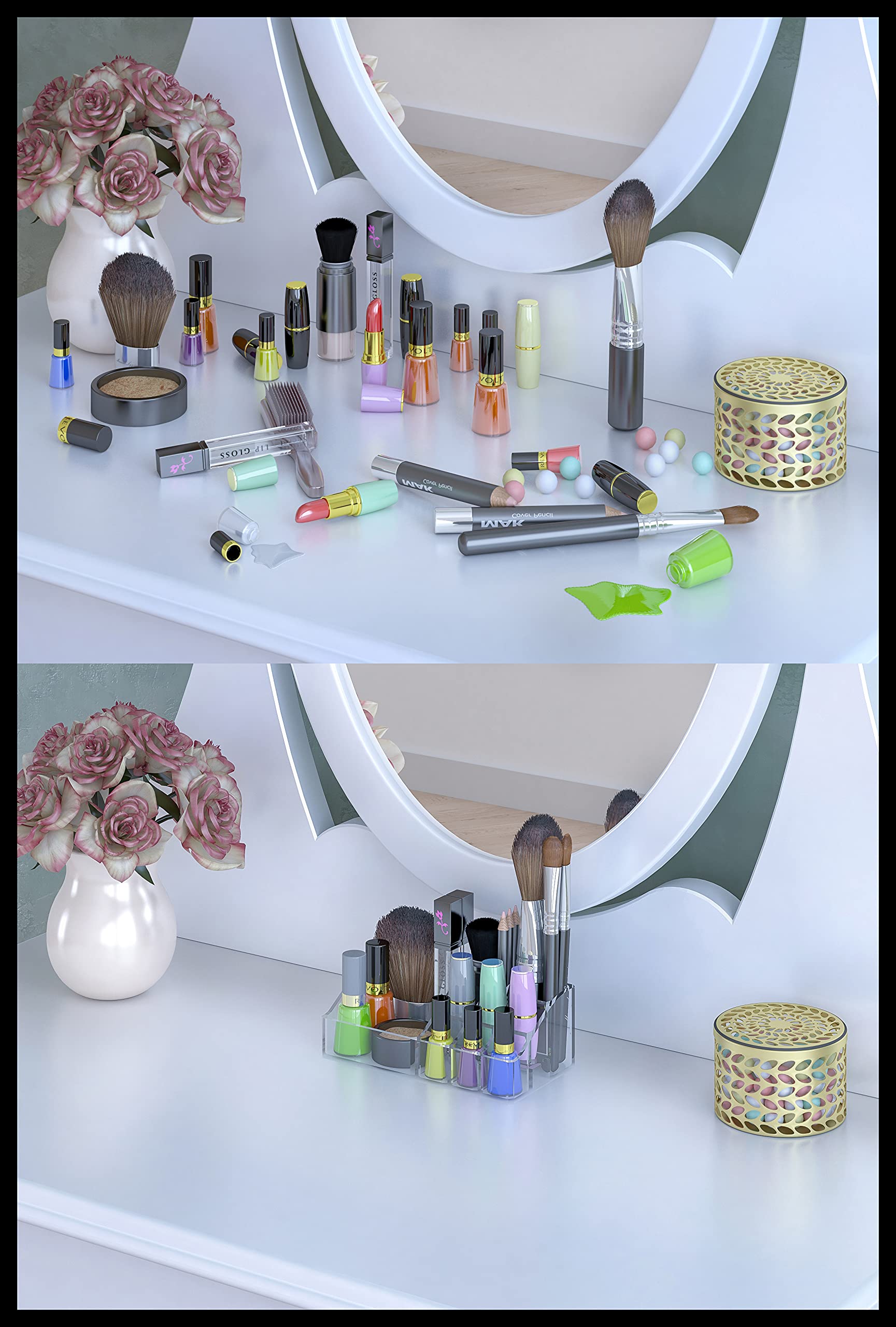 ums Makeup & Jewelry Organizer - Clear Makeup Organizer and Storage for Vanity, Acrylic Makeup Holder for Countertop with 9-Compartment, Small Cosmetic Tray for Brush and Lipstick