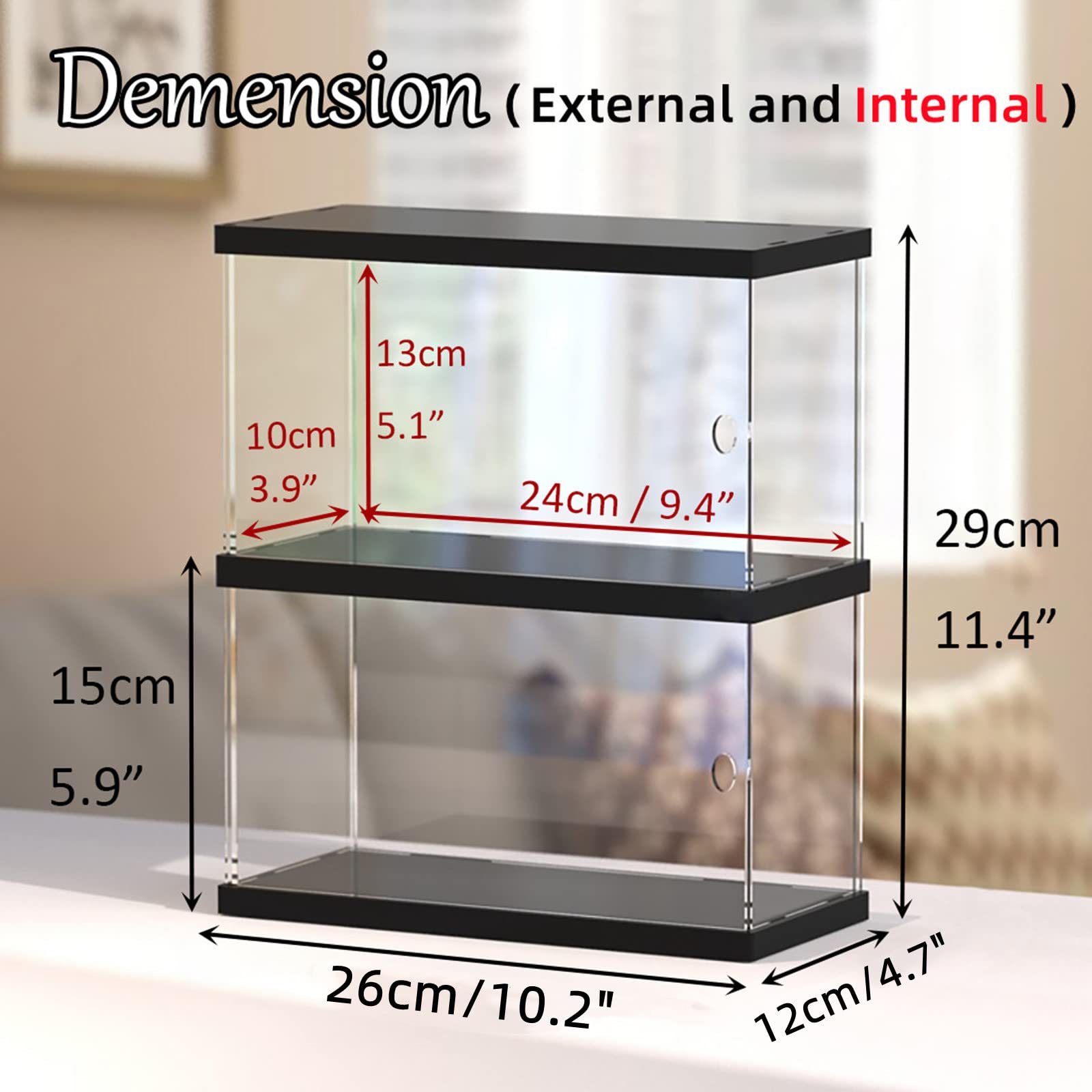 Clear Acrylic Display Case for Mini Funko Pop Figures with Light, 2 Layer Storage Cabinet Shelf Showcase for Toys Mini Figures Collectibles Rock Stone Crystals, Wooden Black Finish 10.2x4.7x11.4inch
