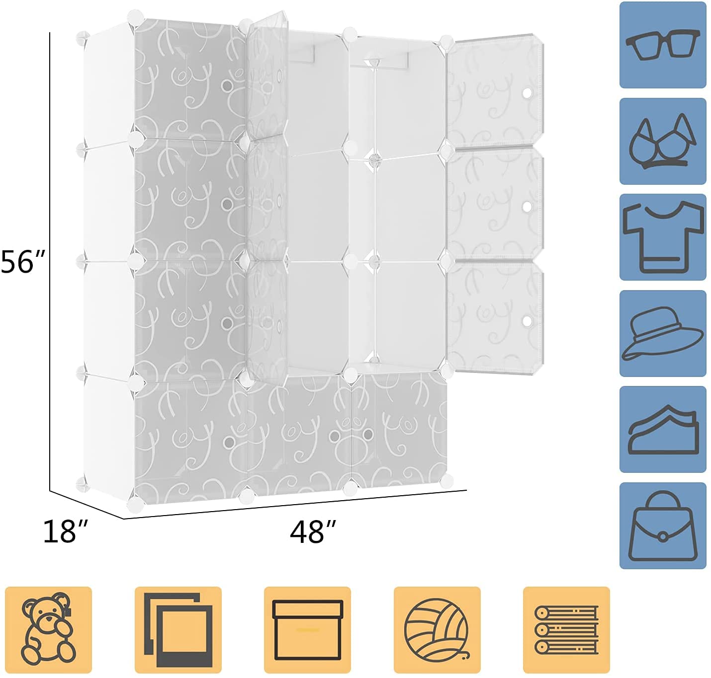 Choies DIY Portable Storage Organizer with Door,14"x18" Depth Cube Clothes Closets,12 Cubes, Portable Wardrobe Closets, Storage Cabinet,Organizer Shelving Bookshelf Toy Organizer(White)