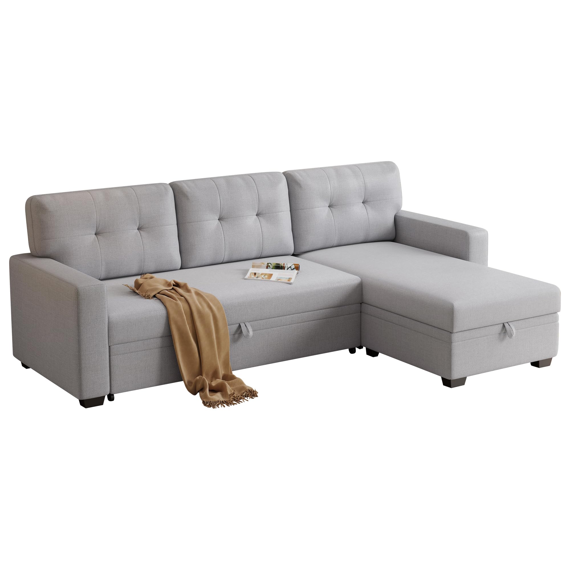 Acosure 82" Sectional Small Sofa with Pull Out Bed,L-Shape Upholstered Sleeper Couch W/Storage Chaise,Tufted Backrest Design,3 Seat Linen Convertible Sofas for Living Room Apartment Office,Light Gray