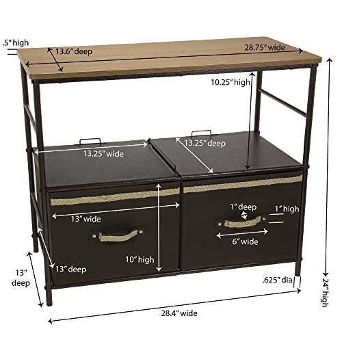 Household Essentials 2-Tier Storage Chest of Drawers Bronze Frame Wood Grain Top and 4 Brown Storage Bins with Natural Jute Trim