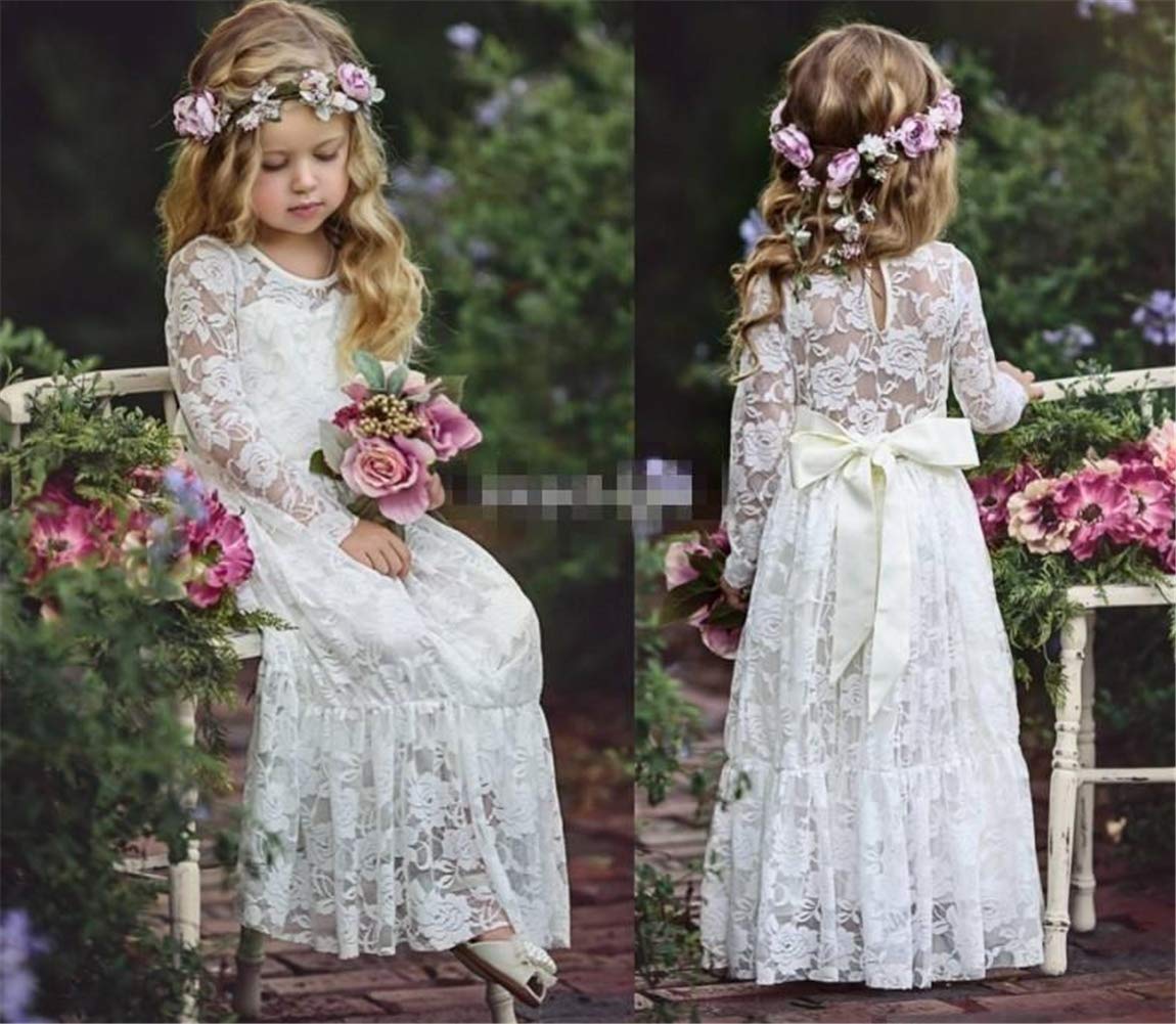 Toddler Flower Girl Fancy Ivory White Lace Boho Long Sleeve Full Length Slim Maxi Princess Dresses 4T