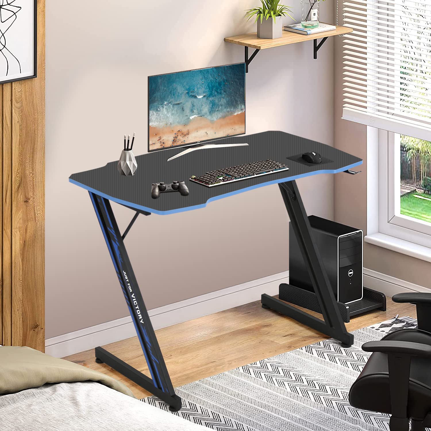 47" Gaming Desk Z Shaped Gaming Table Large Home Office Desks PC Computer Desk Workstation Ergonomic Gamer Table Writing Desk with Headphone Hook for Game Player Boyfriend Gift, Blue