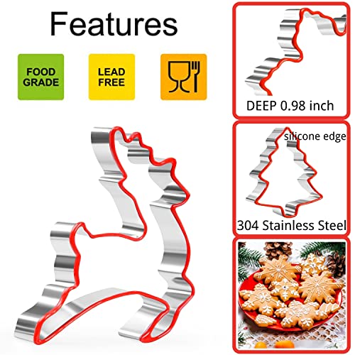 Crethinkaty Christmas Cookie Cutter Set for Baking,Stainless Steel Biscuit Cutters with Comfort Grip,6 Pieces Fondant Cutters-Gingerbread Man,Snowflake,Snowman,Christmas Tree,Reindeer,Lantern