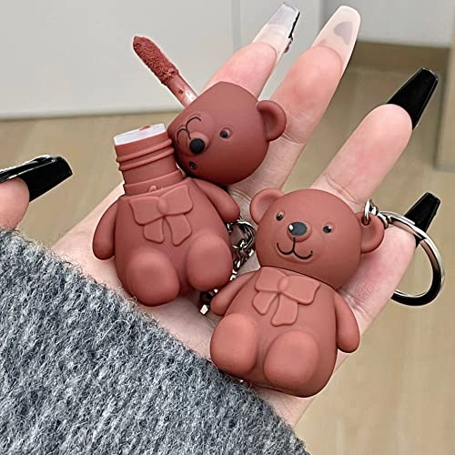 3Pcs Keychain Bear Lipsticks, 2 in 1 Key Chain Bear Lipstick Mist Matte Velvet Lipgloss Moisturizing Lip Stain Waterproof Long Lasting Bear Lip Gloss with Keychain Cute Bear Beauty Makeup (01+02+06)