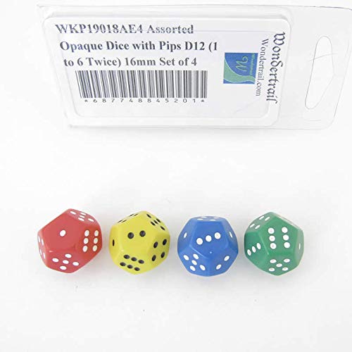 Assorted Opaque Dice with Pips D12 (1 to 6 Twice) 16mm (5/8in) Set of 4 Wondertrail