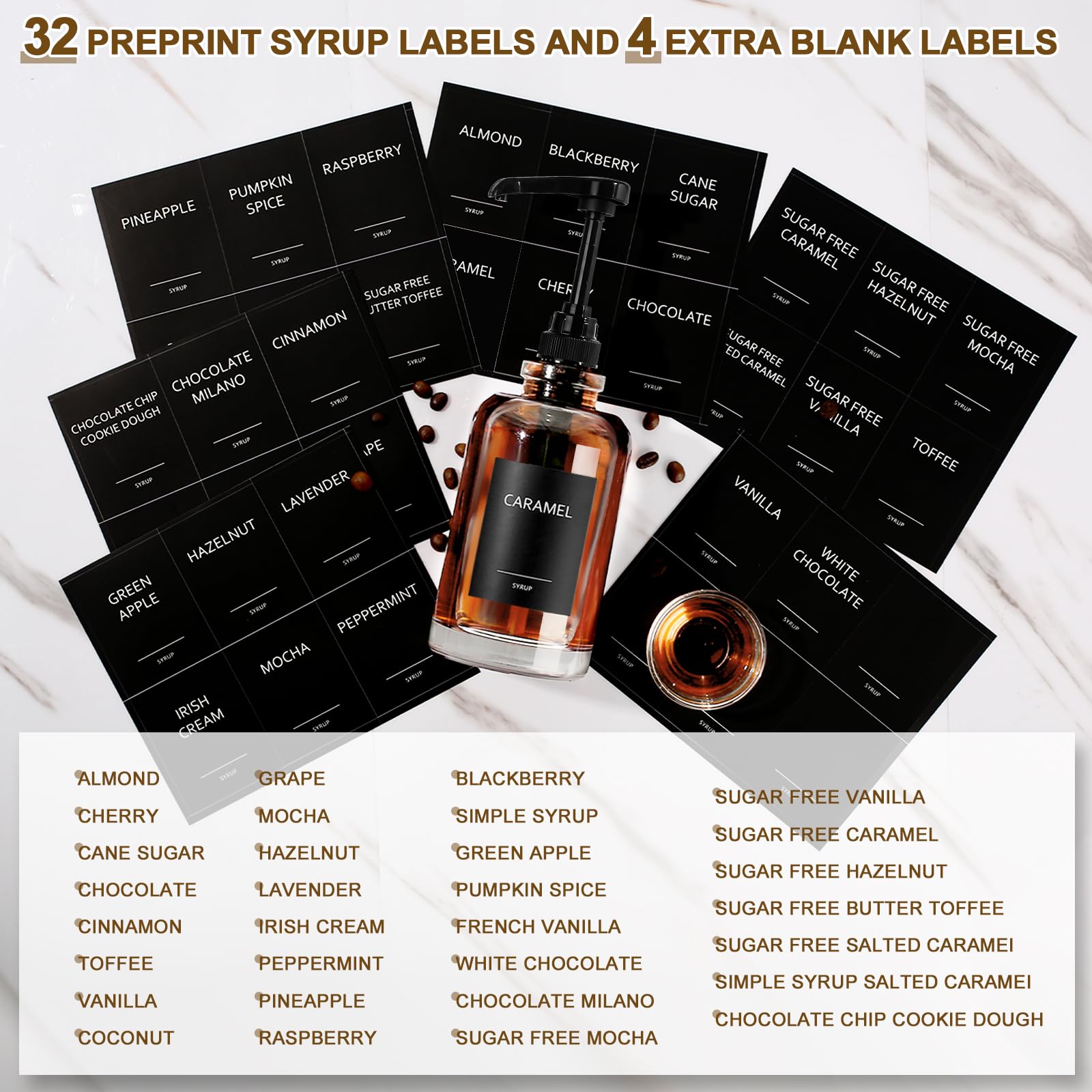 Coffee Syrup Dispenser for Coffee Bar, Glass Syrup Dispenser with 1/4oz Large Capacity Pump, Coffee Syrup Pump Dispenser Bottle for Coffee Station, Coffee Bar Organizer, Black,16oz