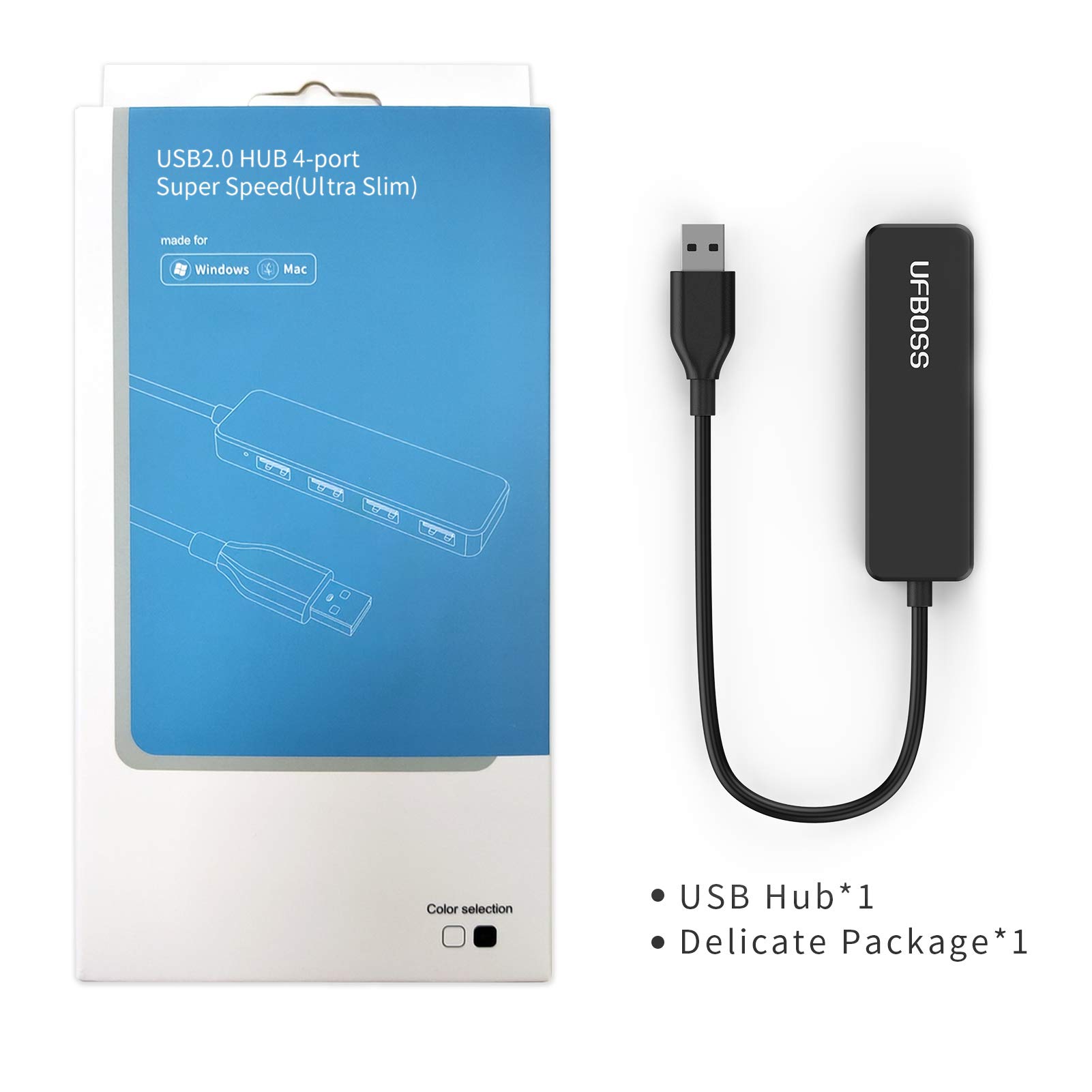 UFBOSS Ultra Slim 4 Port USB 2.0 Data Hub, 1Ft Long Cable USB Splitter for Laptop, Dell, Asus, HP, MacBook Air, Surface Pro, Acer, Xbox, Flash Drive, HDD, Console, Printer, Camera