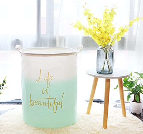 PFONB 19.7" X-Large Collapsible Laundry Basket,Waterproof Sturdy Lightweight Canvas Round Clothes Hamper for Baby Gift Basket.(Life Green)