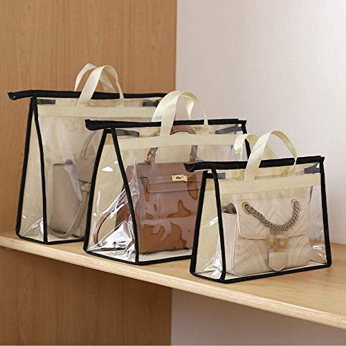 Chris.W Set of 3 Dustproof Handbags Storage Bag Closet Space Saving Organizer PVC Transparent Purse Cover Holder with Zipper and Handle, Large/Medium/Small (Beige)