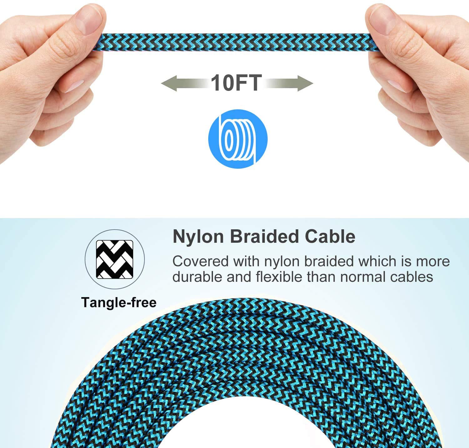 Micro USB Cable 10ft with 3A Fast Charging, 2Pack Ultra Durable 10ft Nylon Braided Charger Cords for Galaxy S7/S6/J8/J7 Note 5,Kindle,LG,PS4,Camera,Xbox One and More (Red + Blue)