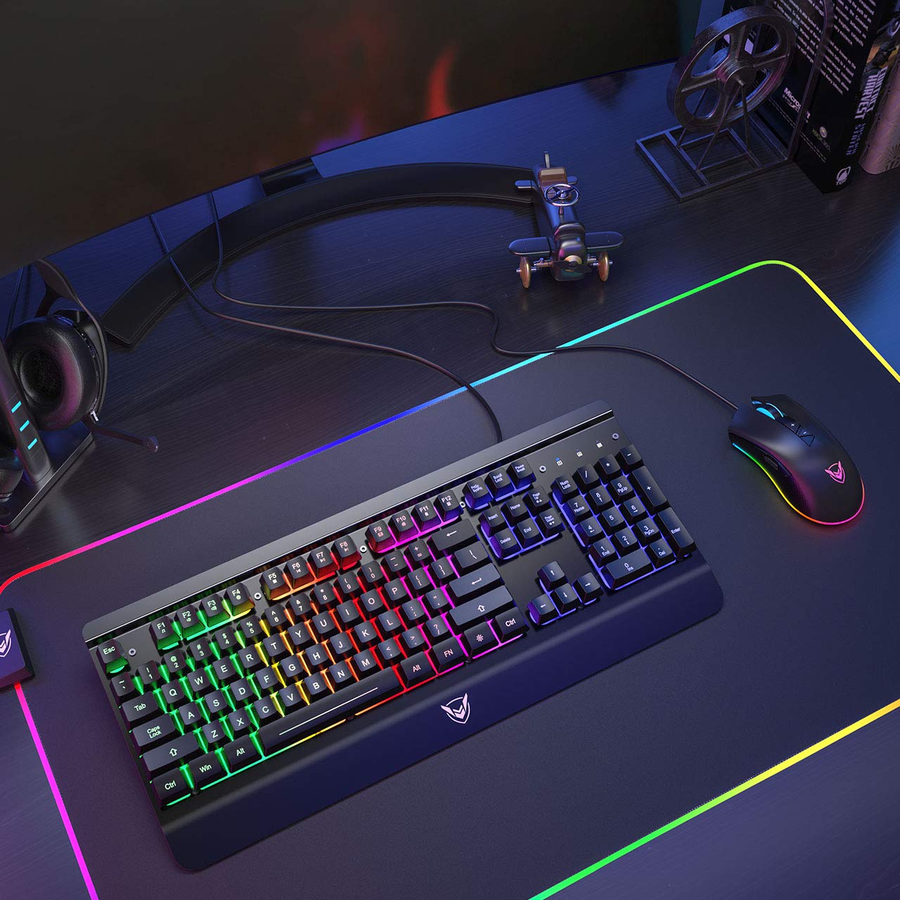 Alorsay Upgraded Gaming Keyboard, Wired RGB Keyboard USB with LED Light, BacklitMembrane Keyboard with Wrist Rest, Spill-Resistant/19 Keys Roll-Over/12 Multimedia Shortcuts