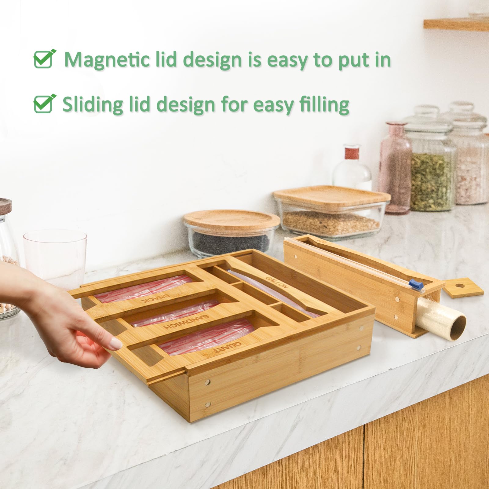 6 in 1 Plastic Bag Organizer with mag Foil and Saran Wrap Dispenser With Cutter For Kitchen Drawer- Bamboo Food Storage Organizer Perfect For Plastic Ziploc,Gallon,Quart Variety Size Bags & 12” Rolls