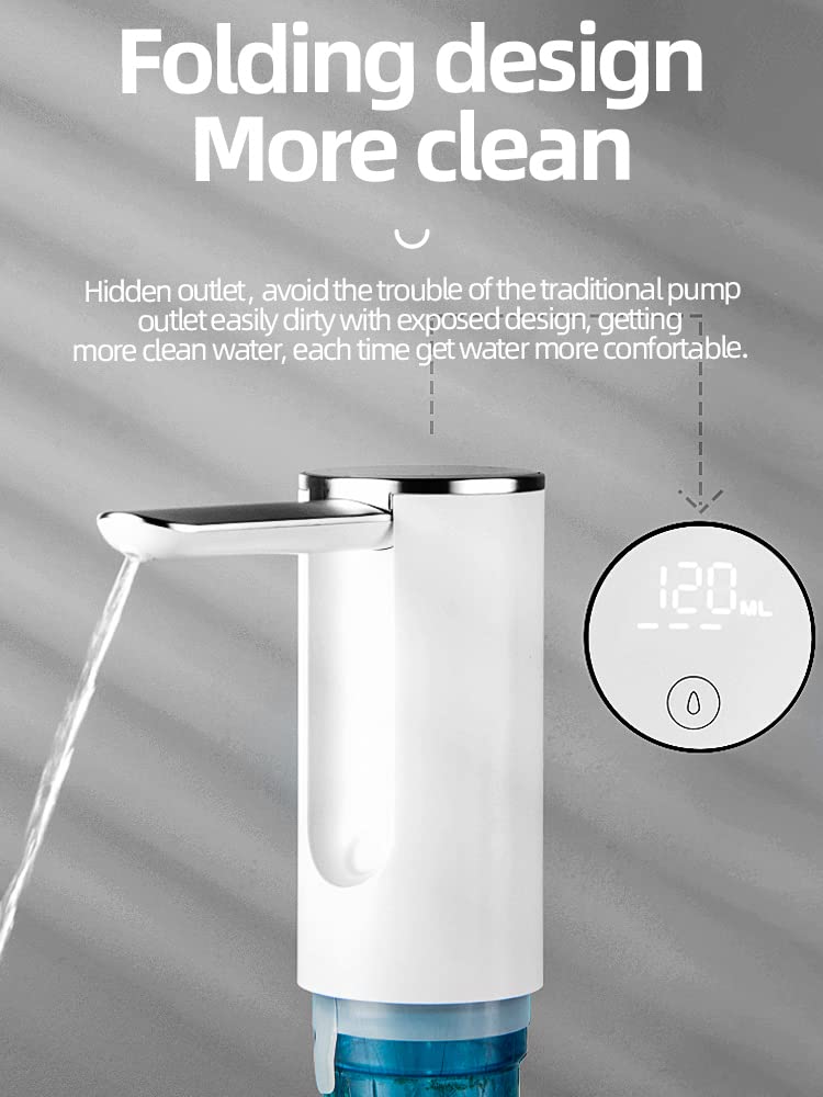 5-Gallon Water Dispenser, Universal Portable Water Bottle Pump, USB Charging and Foldable Storage, Suitable for Home Use,Camping, Office, Garage, Etc. (White)