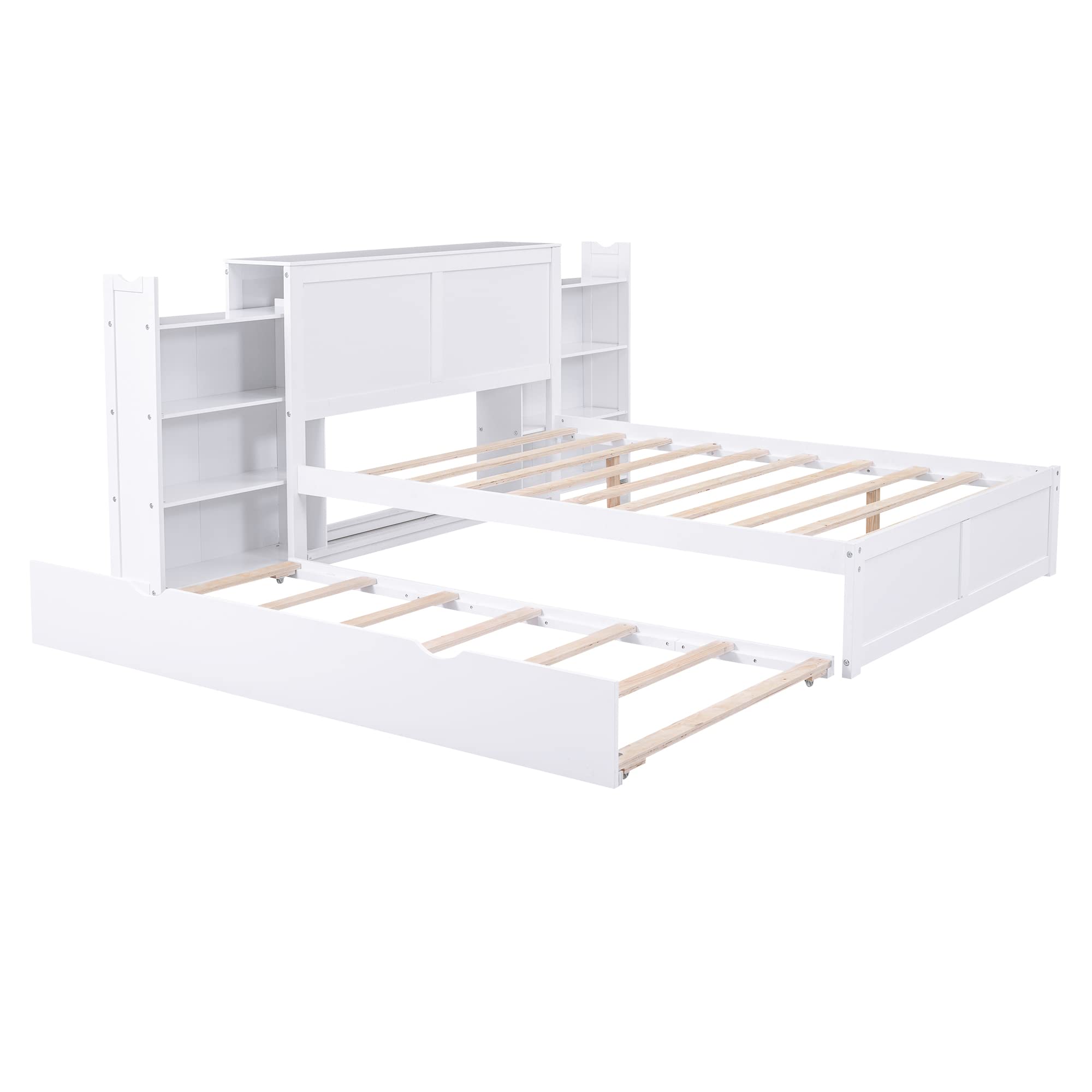 Acosure Full Size Storage Platform Bed with Pull Out Shelves and Twin XL Size Trundle,Bedroom Wood Bed Frame W/Headboard,No Box Spring Required,for Kids Teens Girls Boys,White