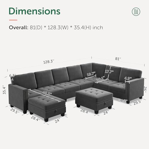 HONBAY Velvet Convertible Sectional Couch, U Shaped Sectional Sofa with Chaise Modular Sectional with Storage Ottoman Corner Couch for Living Room, Grey