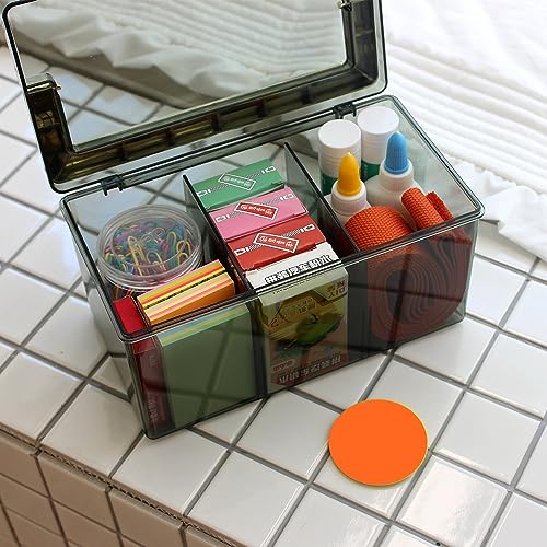BangQiao Small Plastic Storage Box with Handle and Adjustable Dividers, Multipurpose Lockable Container Case for Sewing, Stationery, Art&Craft Supplies, Cosmetics, First Aid Kit, Clear/Smoke Green
