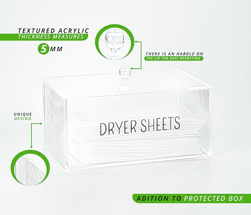 Acrylic Dryer Sheet Holder , Dryer Sheet Dispenser with Lid , Laundry Room Decor & Organization , ModernStyle Multi-Purpose Laundry Pods , Dryer Balls , Free pet hair remover for laundry