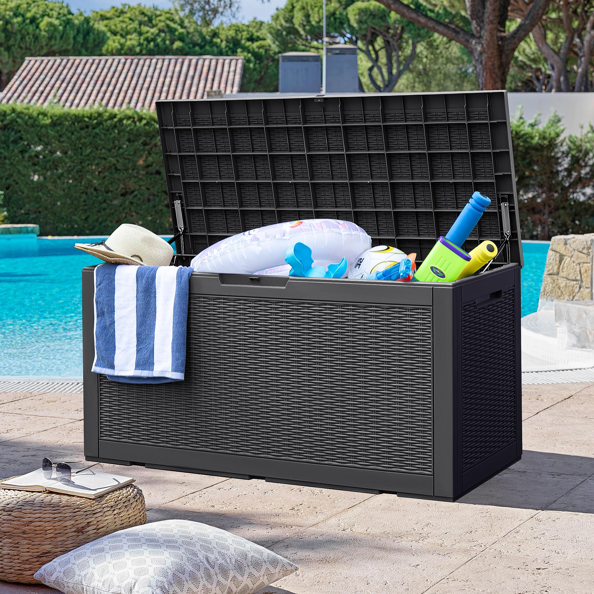 Flamaker 100 Gallon Large Deck Box Waterproof Resin Outdoor Storage for Patio Furniture, Garden Tools, Pool Accessories and Toys (Black)