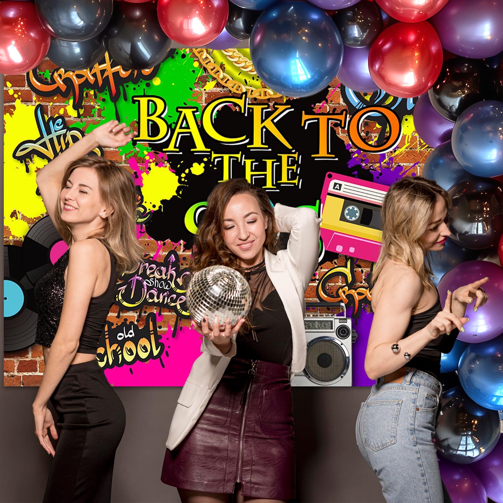 Mocsicka 90’S Backdrop Hip Hop Graffiti Brick Wall Retro Radio Fashion Photography Background Back to The 90’S Themed Party Banner Decoration Backdrops (7x5ft)
