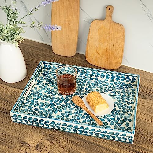 CLAYNIX Serving Tray 15.7" X11.8", Lacquer Mother of Pearl Inlay Mosaic Tray, Rectangle Wooden Marble Tray with Handles Trays for Tea, Breakfast in Bed, Table (Blue)