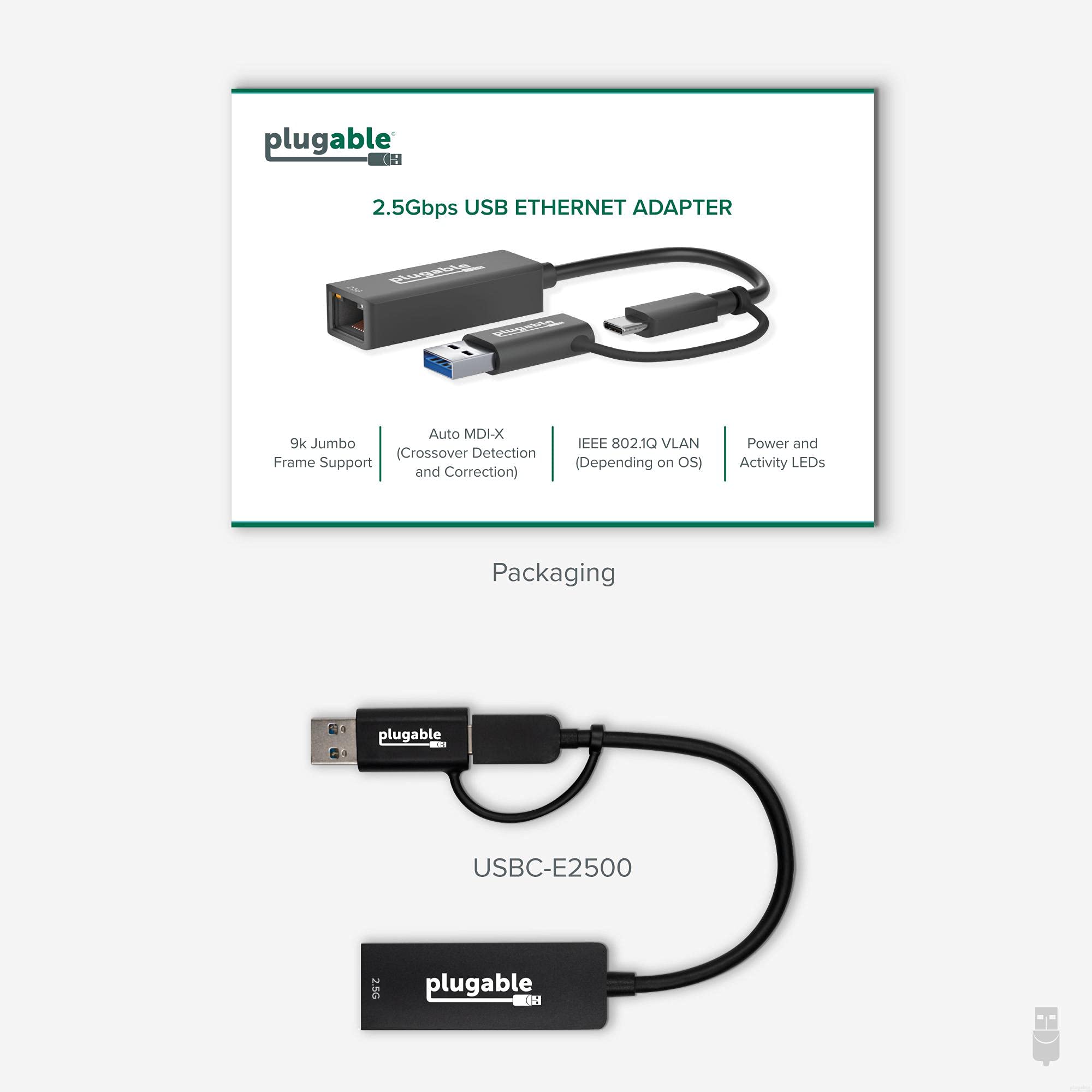 Plugable 2.5GB USB Ethernet Adapter for Laptop, 2-in-1 Cable, USB 2.5GB Ethernet Adapter, USB-C and USB Compaitble, USB-C to RJ45 2.5 Gigabit LAN Ethernet, Compatible with Mac and Windows