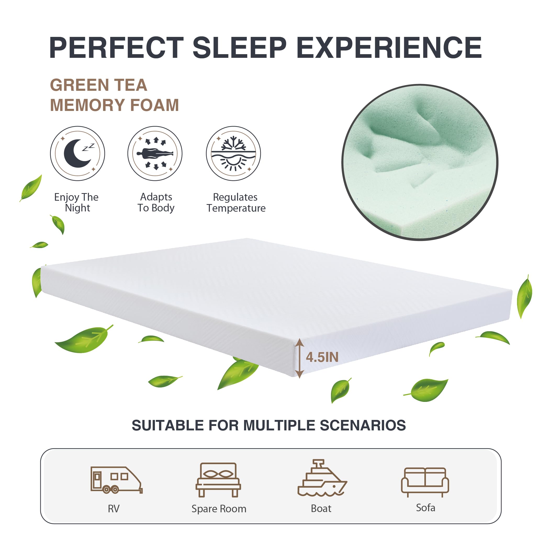 Dyonery 4.5 Inch Full Memory Foam Sofa Bed Mattress with Fiberglass-Free Fabric and Washable Cover for Sleeper Sofa, Couch Beds, Full Size Mattress, White (Sofa Not Included)