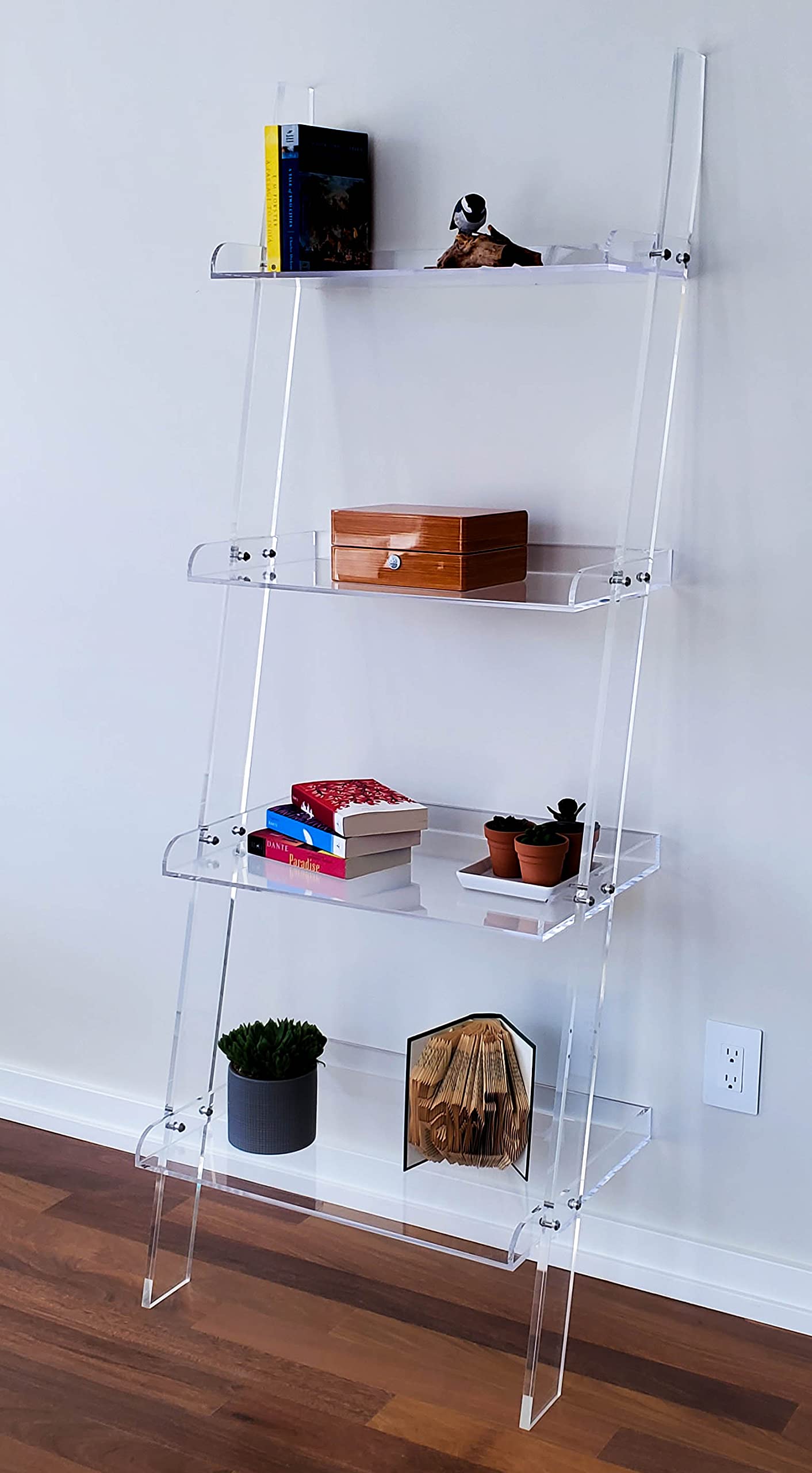 Acrylic Ladder Bookcase β Large Modern Clear Leaning Floating Wall Bookshelf - Standing Decor Display Unit for Open Shelving, Organizer, or Storage in the Living Room, Office, Bedroom, or Bathroom