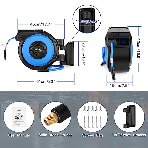 80FT + 6.5FT Retractable Air Hose Reel, Wall Mount Penumatic Hose Reel for Garage Workshop, Automatic Rewind, 3/8" x 80' Hybrid Air Hose with Brass Fittings + Bend Restrictors, 300PSI