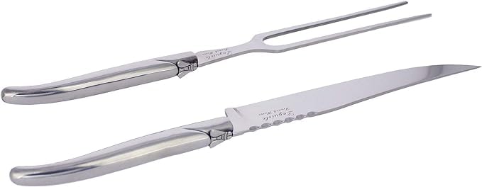 French Home Laguiole Carving Knife and Fork Set - Stainless Steel Knife & Carving Fork Cutlery Set with Stainless Steel Handles, Etched Detailing & Iconic Bee Emblem