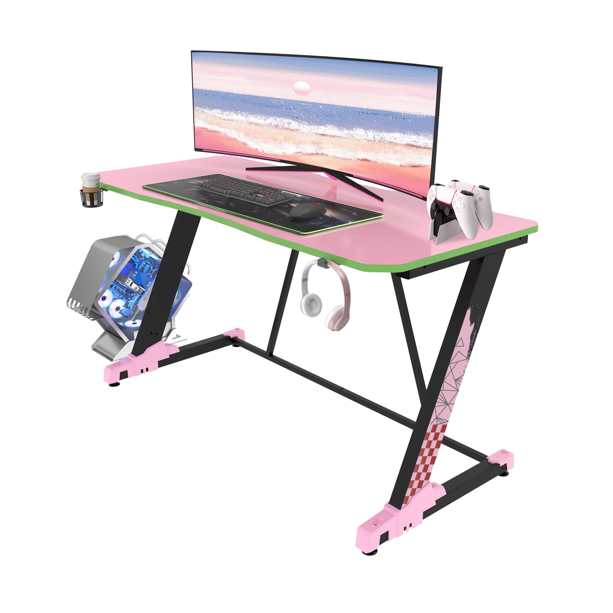 FUSLITE 55 Inch Gaming Desk, Carbon Fiber Surface Z-Shaped PC Computer Table, with Headphone Holder, Cup Holder, Cable Management Box, for Gamer, Pink & Green
