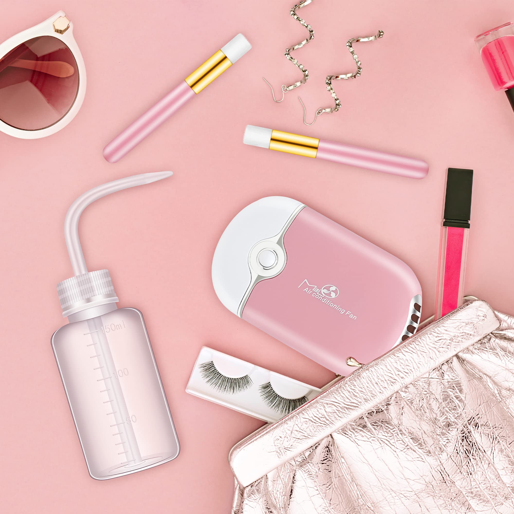 AFOUNDA USB & Mini Portable Fan + Lash Shampoo Brushes + Economy Plastic Squeeze Bottle, Rechargeable Electric Handheld Air Conditioning Cooling Refrigeration Fan For Eyelash(Pink)