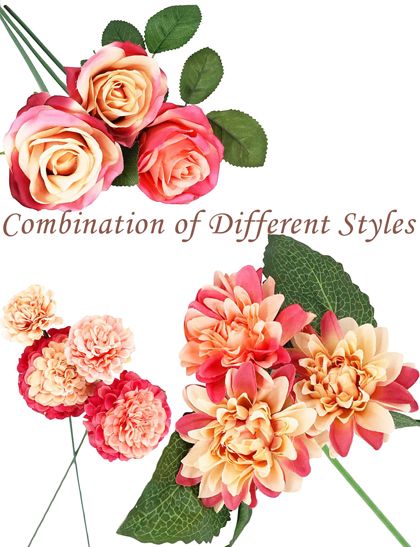 SUPICKET 1 Bunch 8 Pcs Artificial Rose Dahlia Daisy Flower Bouquet Bride Bridesmaid Holding Flowers for Home Hotel Office Wedding Party Garden Craft Art Decor, Red&Orange