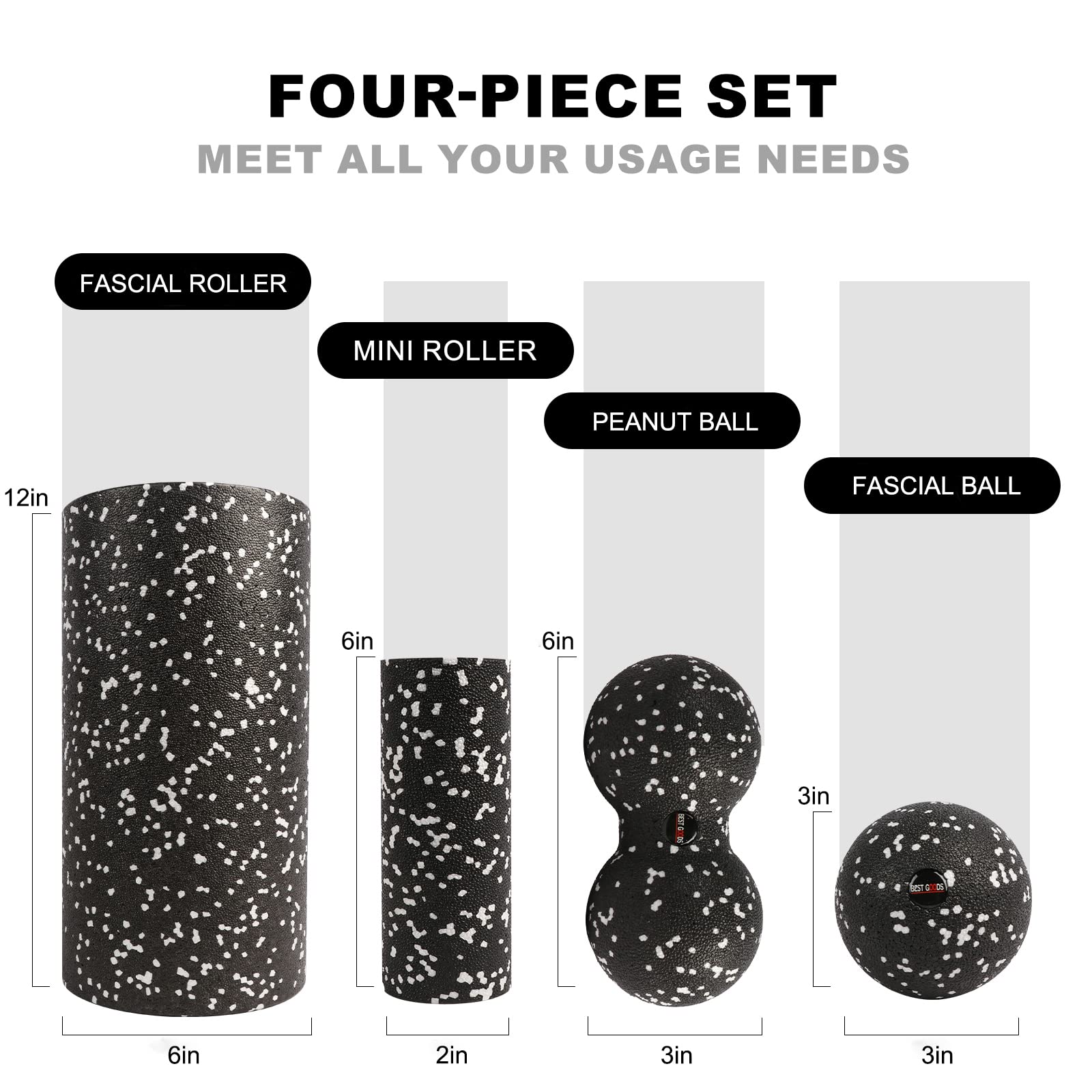 4 in 1 Foam Roller Set, High Density Back Roller, Core Muscle Roller Stick, Plantar Fasciitis Ball, Peanut Massage Ball for Back Pain Whole Body Deep Tissue Muscle Pilates Physical Therapy Exercise