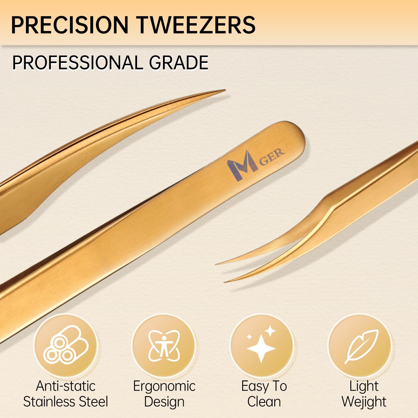 Lash Tweezers for Eyelash Extension, Hand Calibrated Dolphin-shaped Tip eyelash tweezers, False Lash Application Tools, Lash extension tweezers gold
