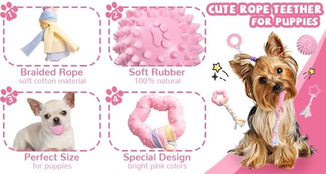 Bambinom Puppy Chew Toys, 6 Pack Puppy Teething Toys for Small Breed, Soft Rubber Cute Pink Dog Toys, Eco-Friendly, Teeth Cleaning Interactive for Small Dogs