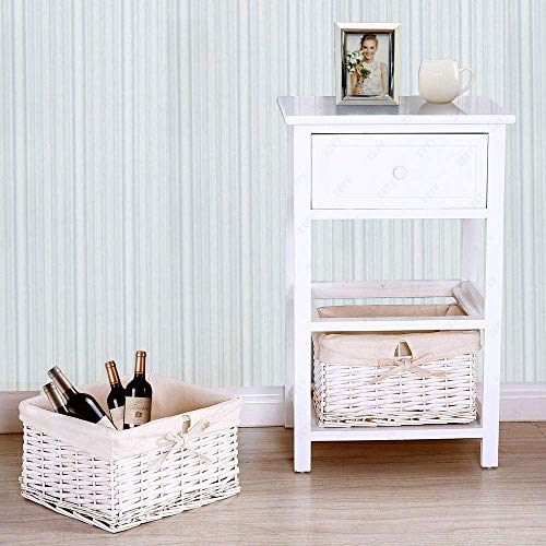 Giantex Nightstand with Drawers Wooden, W/ 2 Storage Baskets and Open Shelf for Bedroom, Bedside Sofa End Table (1, White)