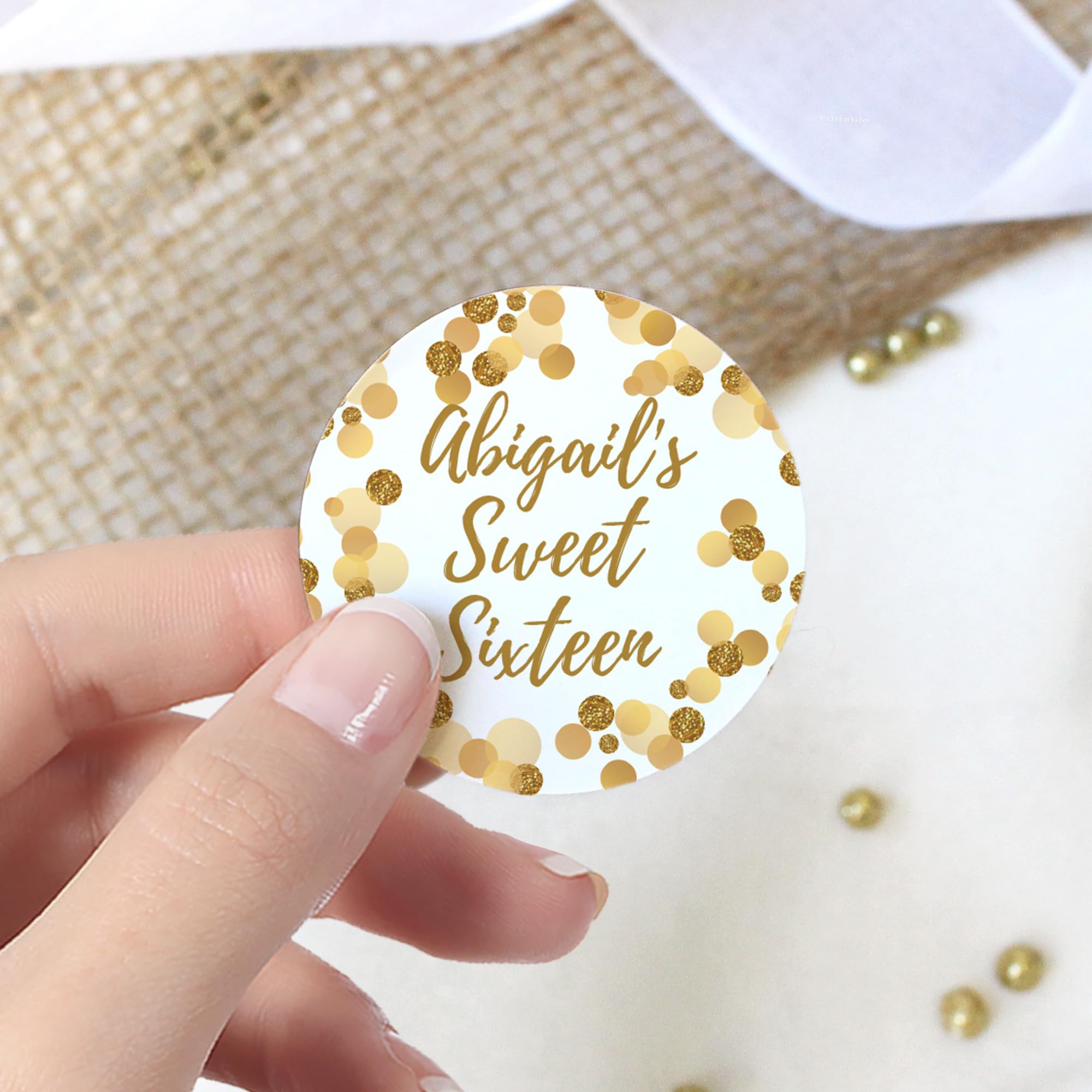 Personalized White and Gold Sweet 16 Birthday Party Favor Stickers with Name - Custom Envelope Seals, Bag Stickers - 1.75 in. Round - 40 Labels