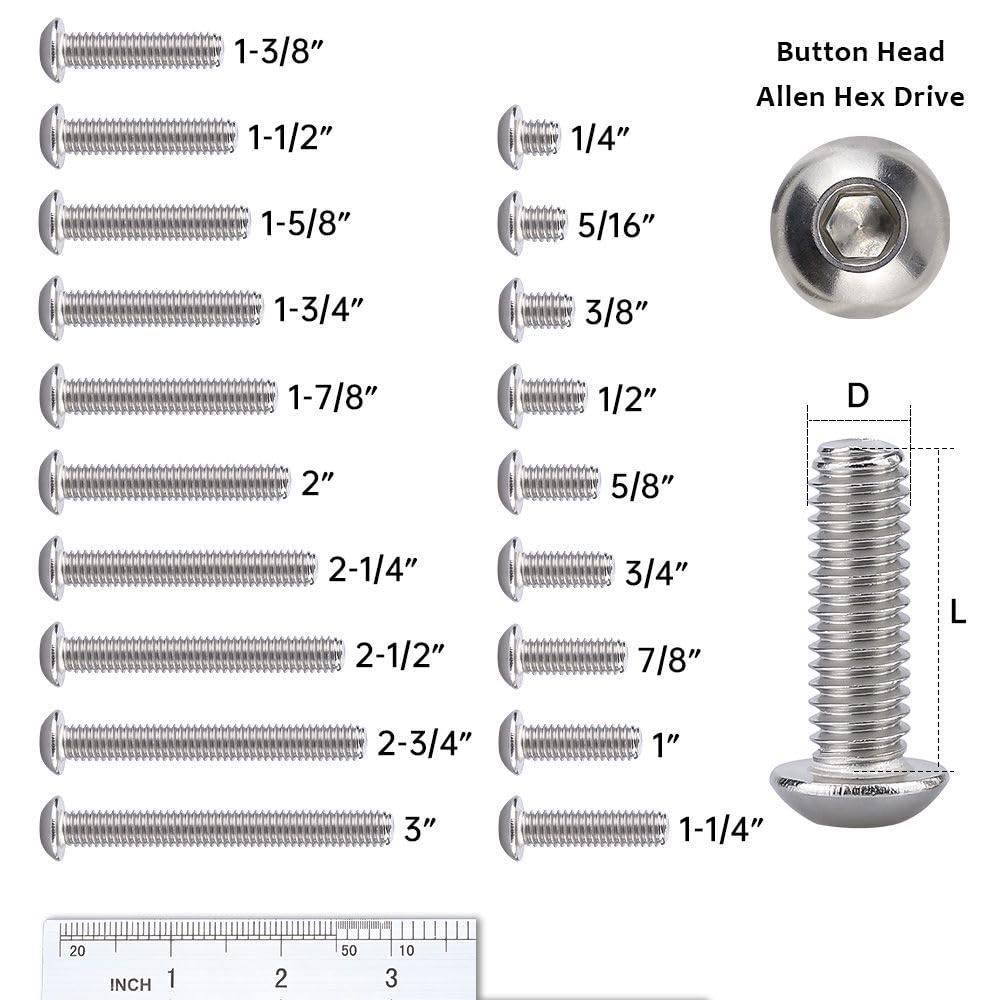 RoyceMart 1/4-20 x 1-1/2" (50 Pack) Hex Socket Button Head Cap Screws Bolts, Allen Socket Drive, 304 Stainless Steel 18-8, Bright Finish, Full Machine UNC Threads