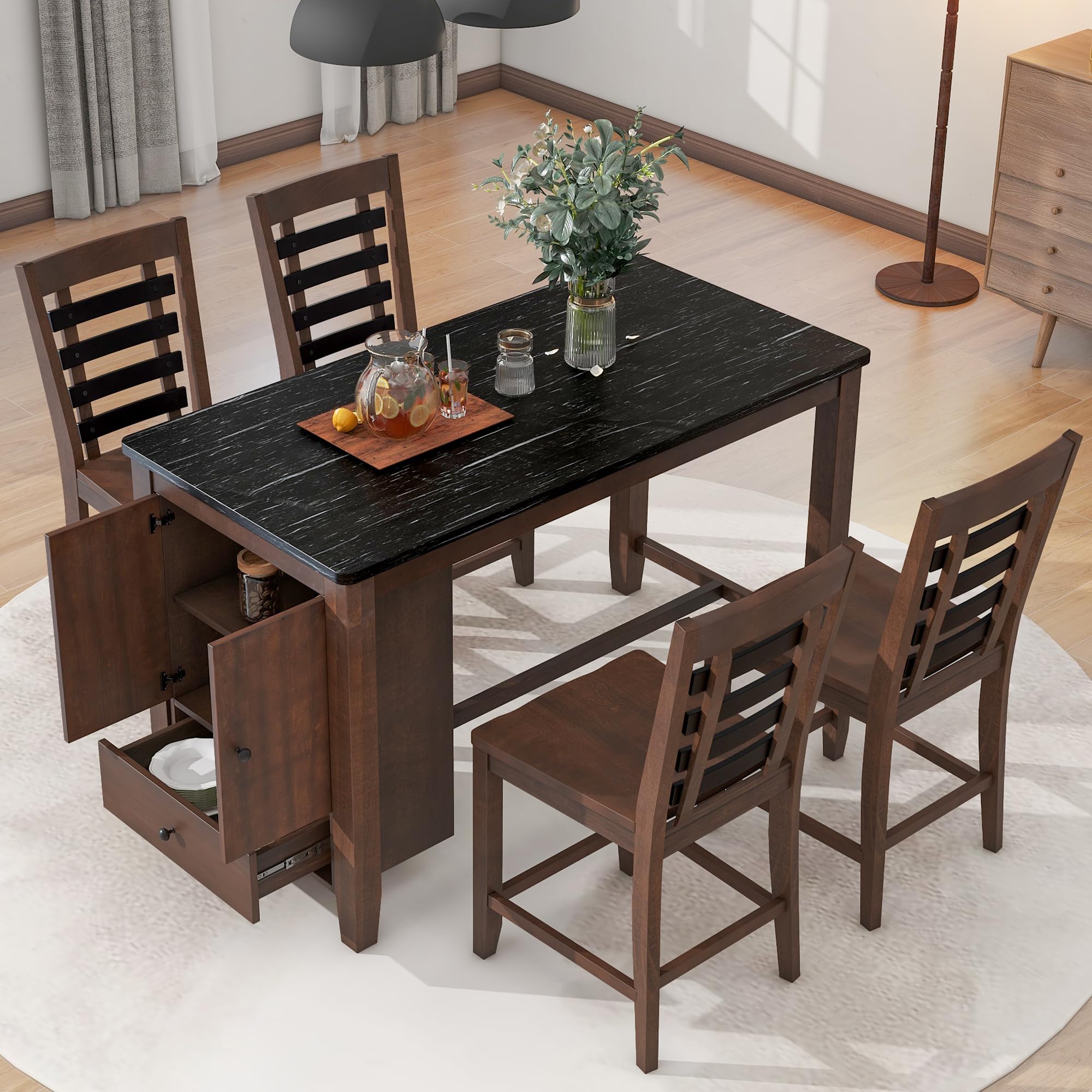 5-Piece Rectangular Dining Table Set with 4 Ergonomic Ladder Back Chairs, Side Cabinet for Storage and Faux Marble Tabletop, Kitchen Furniture w/ Lighter Trenches At Seat Top, for Family, Dark Walnut