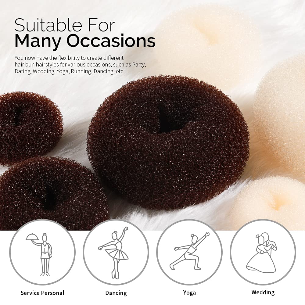 FANDAMEI Hair Bun Maker Set, Donut Bun Maker Set With 4pcs Dark Brown &4pcs Beige(2 extra-large,2 large,2 medium and 2 small), 5 pieces Hair Elastic Bands, 40 pieces Hair Bobby Pins (Brown and Gold)