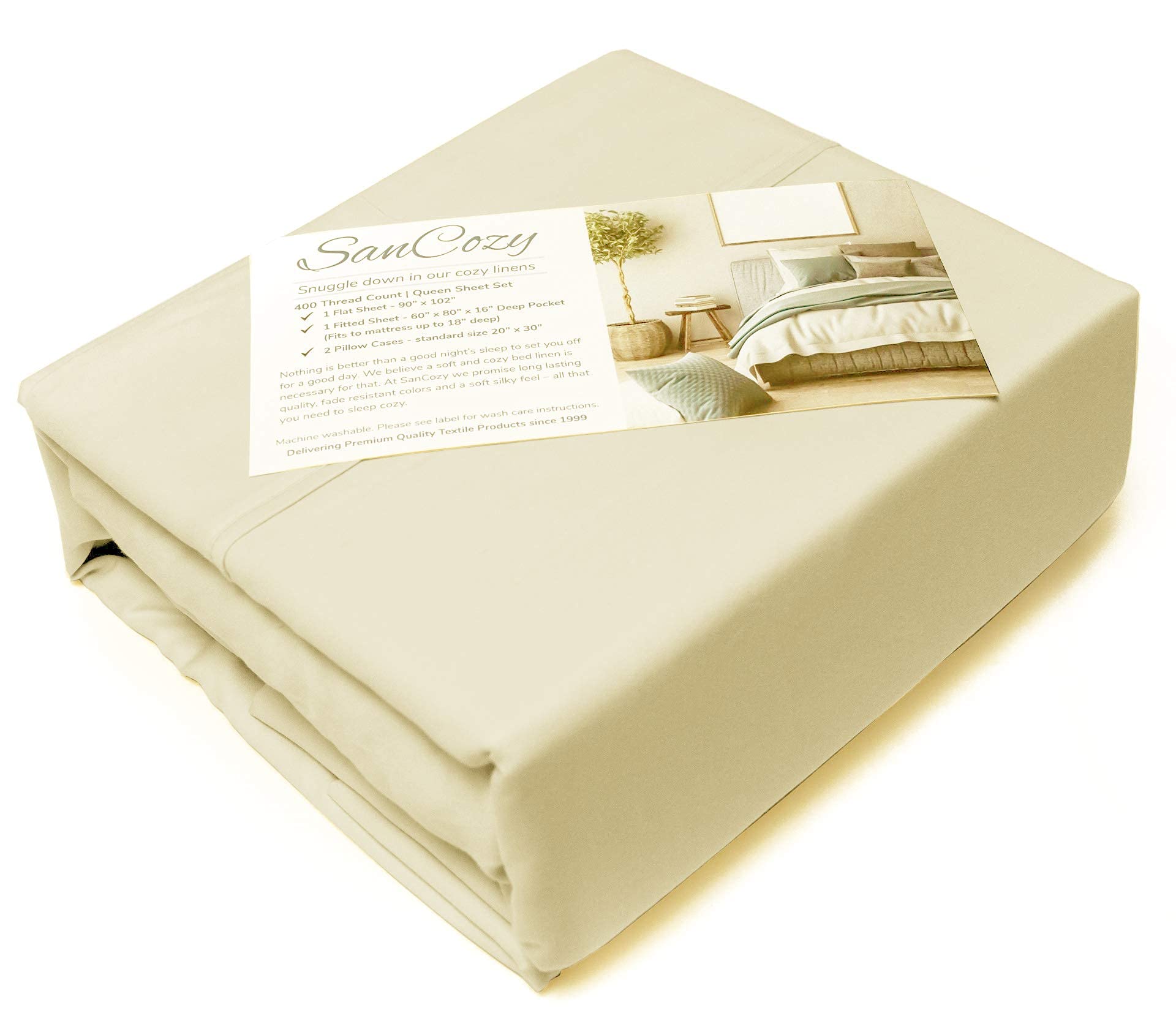 400 Thread Count Bed Sheets Ivory Set of 4 Piece Full Size, Fits Up-to 18-inch Mattress, 100% Combed Cotton Solid Sateen Weave Extra Soft and Silky Luxurious Bedding Collection