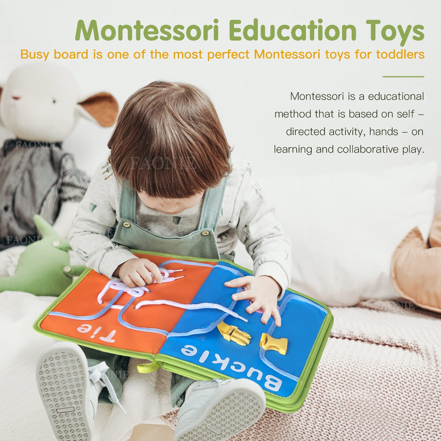 FAONIE Toddler Busy Board Toddler Early Learning Toys Basic Life Skills Learn to Dress Board Book - Zipper, Snap, Button, Buckle, Lace & Tie
