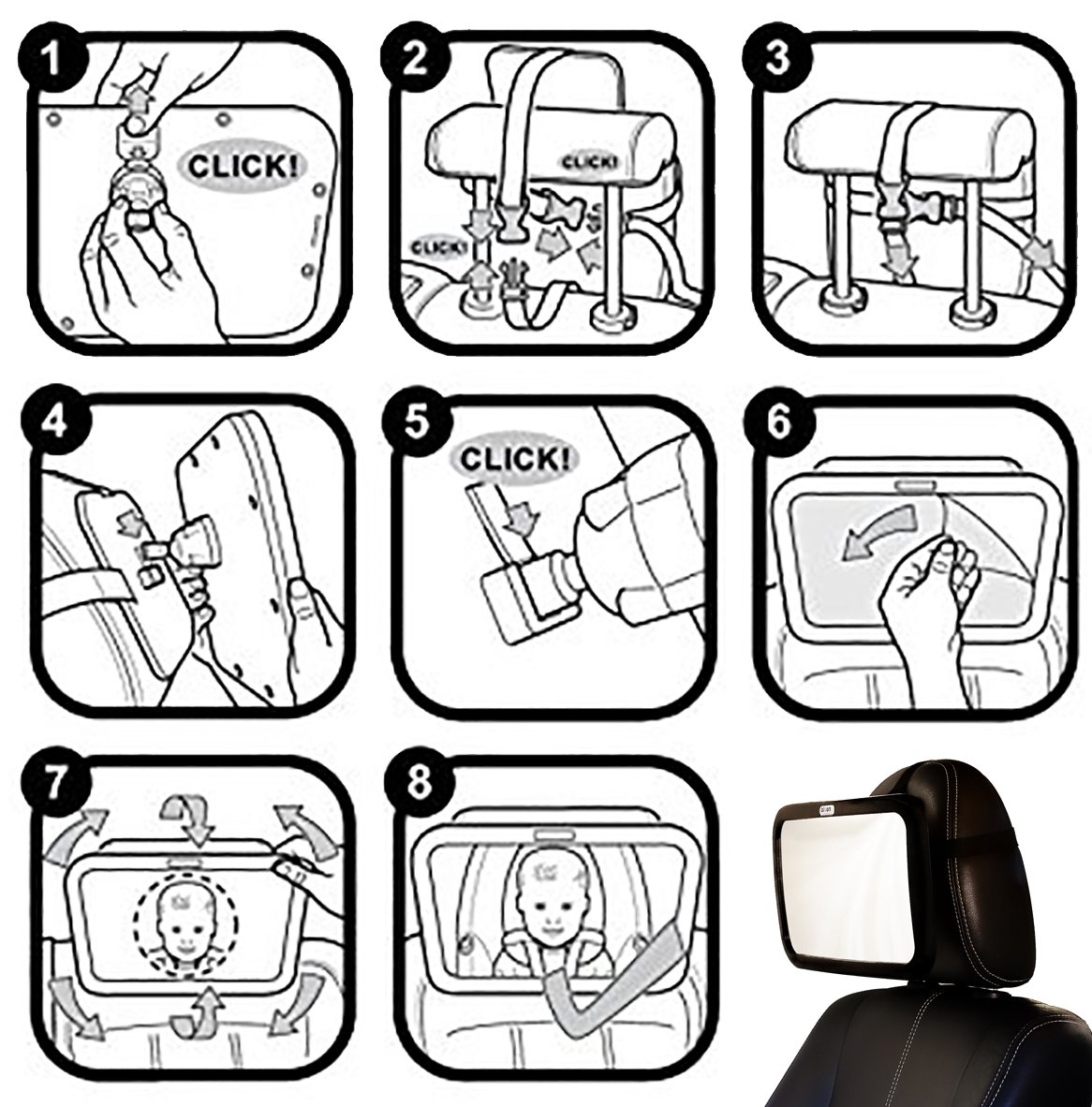 Bixon Baby Car Mirror, Rear Facing, Convex Shatterproof Back-Seat Mirror, Easy Fitting to Keep Baby In Sight, Clearer View With Allowed Rotation