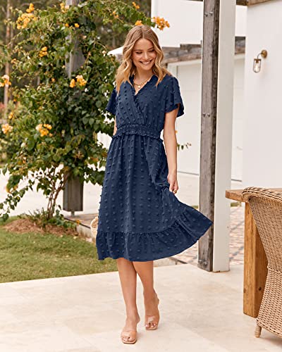 BTFBM Women's Summer Elegant Short Sleeve V Neck Swiss Dot Midi Dresses Cute Boho High Waist Long Dresses A-Line Ruffle Dress(Solid Navy,Large
