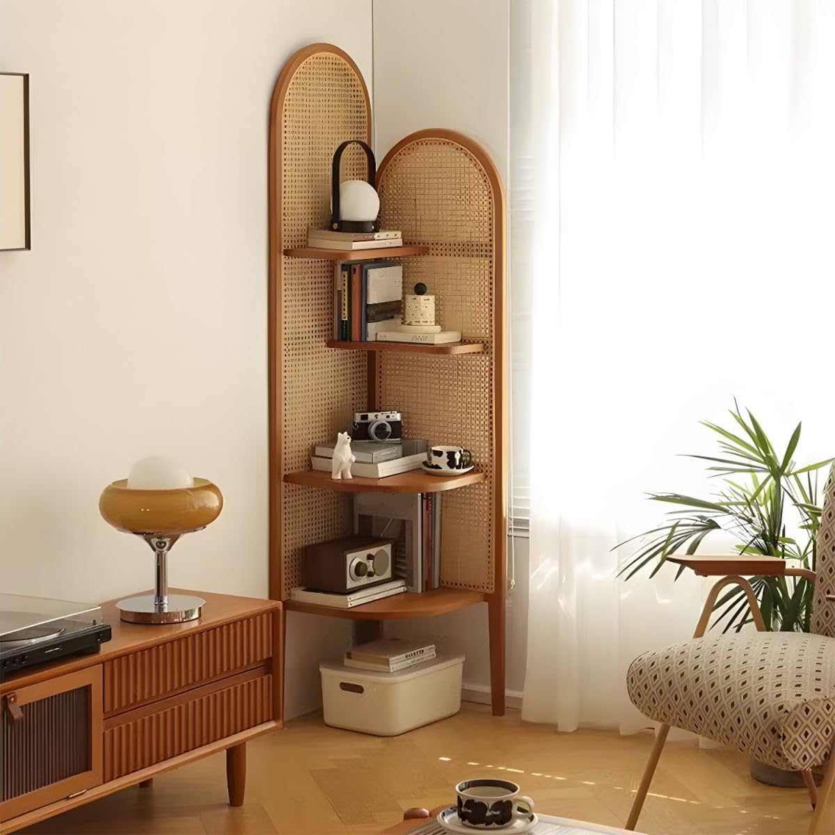 CraftThink 4-Tier Corner Shelf, Tall Corner Accent Chest Display Storage Rack with Counter Top and Multiple Shelves for Living Room Bedroom Home Office, Cherry