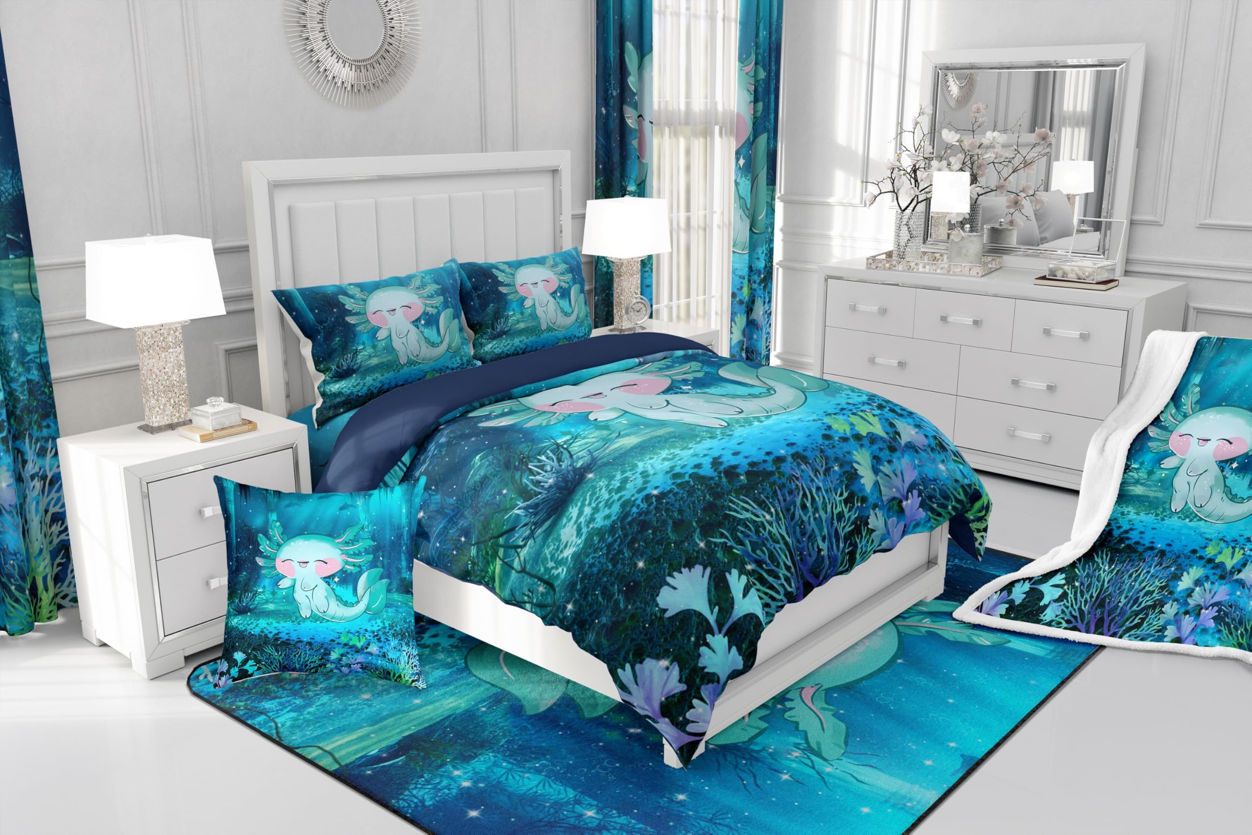 Manfei Cartoon Axolotl Twin Size Comforter Set,Cute 3D Ocean Animal Quilt Set Soft Bed Collection,Blue Seaweed Plant Bedding Comforter for Boys Girls Kawaii Bedroom Decor,2 Pcs