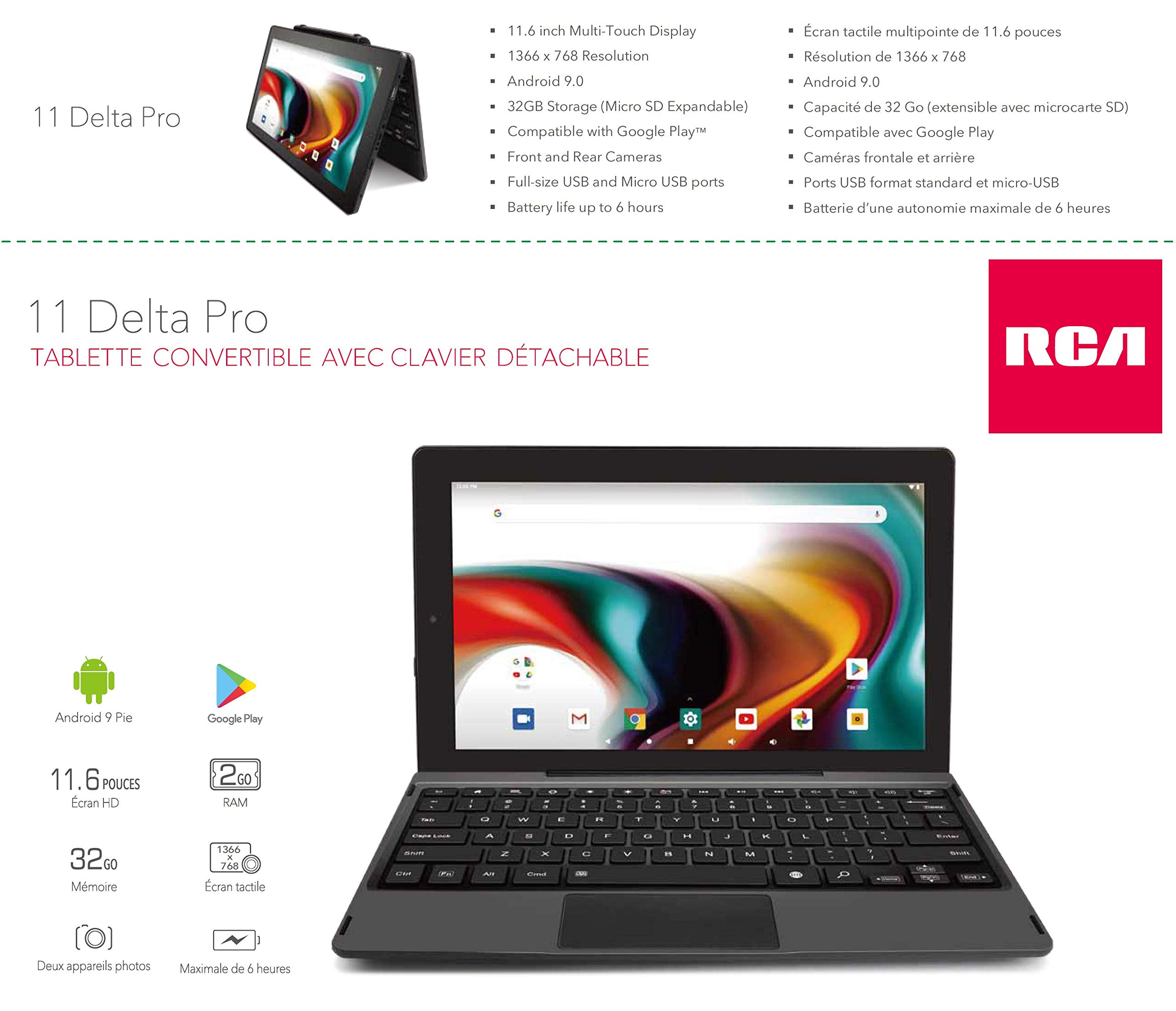 RCA 11 Delta Pro 11.6 Inch Quad-Core 2GB RAM 32GB Storage IPS 1366 x 768 Touchscreen WiFi Bluetooth with Detachable Keyboard Android 9.0 Tablet (Black)
