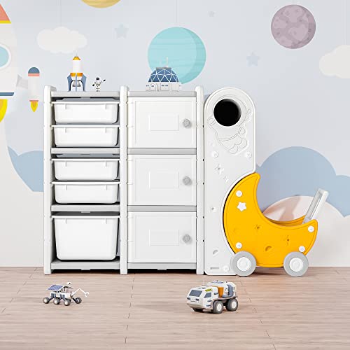 duke baby Kids 3 Layer Toy Storage Organizer with 5 Storage Bins, 3 Toy Cabinets with Doors, Display Bookshelves and Toy Cart for Kids Playroom Bedrooms Age 1-12, Space Collection Medium