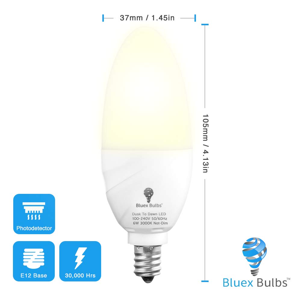 6 Pack Bluex Dusk to Dawn LED Bulbs, 6W E12 Base Light Bulb - 65W Equivalent β 3000K WarmLight White - Smart Light Sensor Candelabra Bulb, Home Security Indoor, Outdoor, Driveway, Yard, Porch Lighting